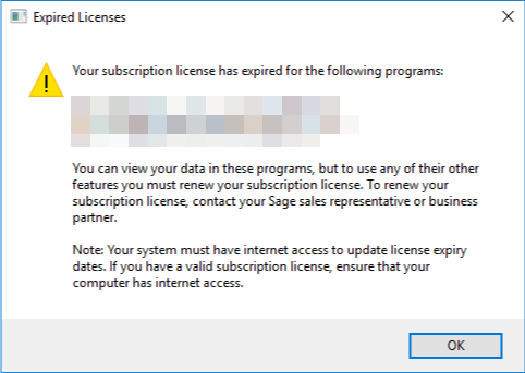 Sage 300 Subscription License Has Expired